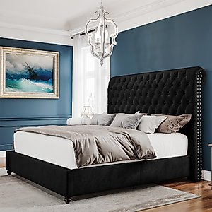 PaPaJet King Bed Frame Upholstered Platform Bed Frame with 52.8'' Tall Sleigh Headboard, Button Tufted, No Box Spring Needed, Easy Assembly, Black