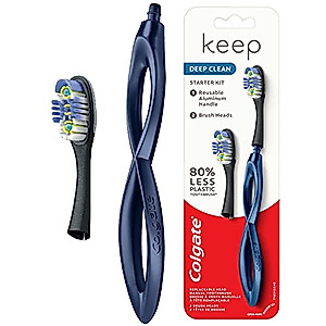Colgate Keep Soft Manual Toothbrush for Adults with 2 Deep Clean Floss-Tip Brush Heads, Navy