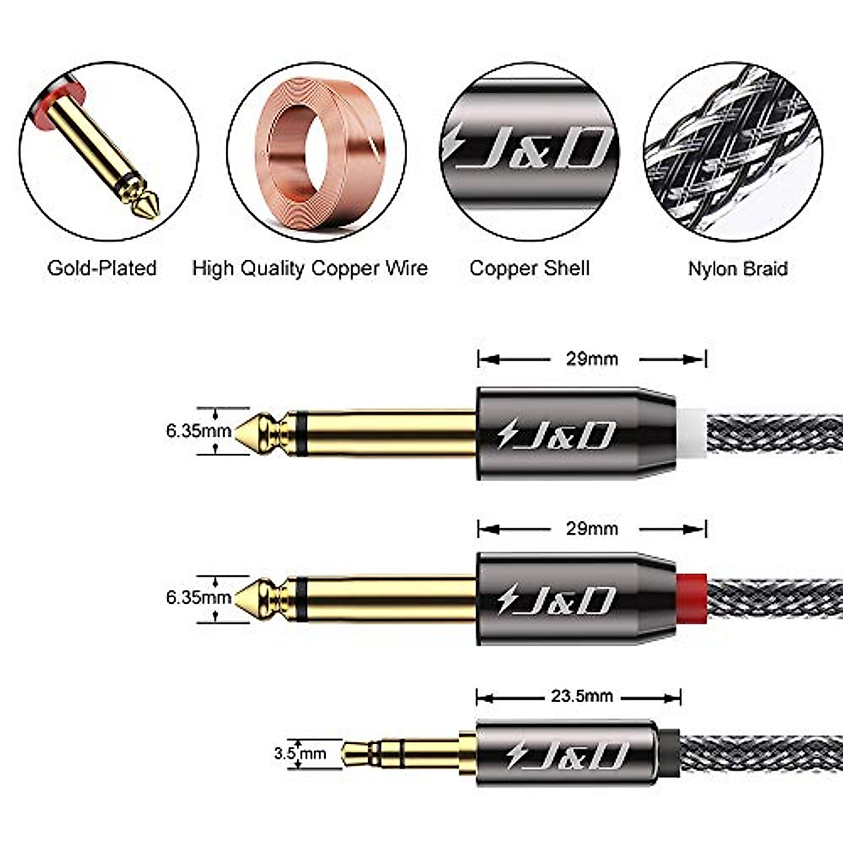 J&D 3.5mm 1/8 inch TRS Male to Dual 6.35mm 1/4 inch TS Male Mono Stereo Y-Cable Splitter for Amplifiers/Mixer Audio Recorder, Zinc Alloy Housing, Nylon Braid, Gold Plated Copper Shell, 25 Feet