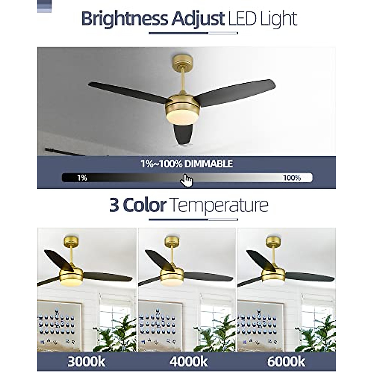 YOUKAIN Modern Ceiling Fan, 52 Inch Gold Ceiling Fan with Light and Remote Control, LED Ceiling Fan with 3 Matte Black Blades for Living Room, Bedroom, Bathroom, 52-YJ273-BK