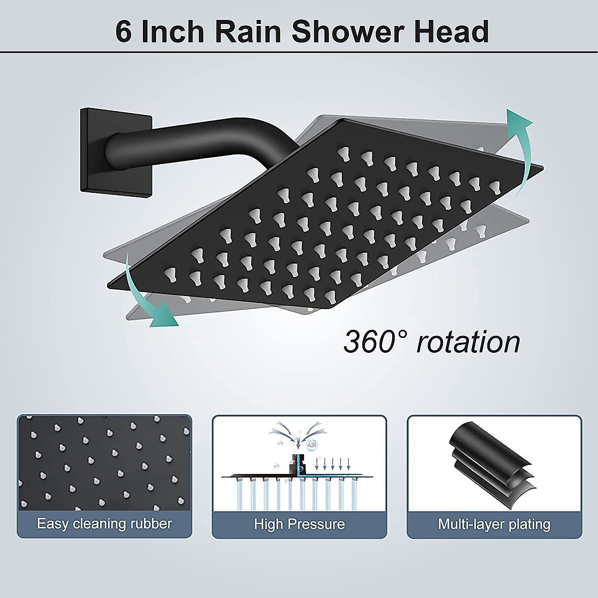Rain Shower Head with Handheld Spray, 6'' Matte Black Shower Head with 78'' hose, High Pressure Hand Head Shower Heads, Anti-leak Rainfall Shower Head with Holder(Square, All Metal)