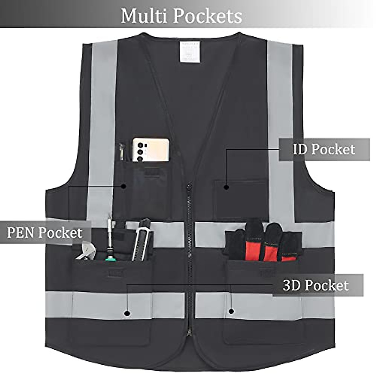 WORCBGIO Reflective Safety Vest with Pockets High Visibility Sliver Strip for Men and Women (Black, Medium)