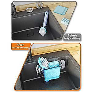 SWTYMIKI 5 in 1 Sink Sponge Holder for Kitchen, Stainless Steel Sink Caddy with Dishcloth Holder for Brush & Sponge in Kitchen Sink Sponge Organizer with 2 Strong Adhesives in Black