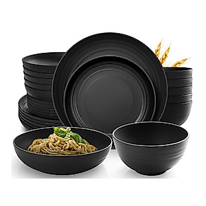Teivio 24-Piece Kitchen Plastic Wheat Straw Dinnerware Set, Service for 6, Dinner Plates, Dessert Plate, Cereal Bowls, Pasta Bowls, Unbreakable Outdoor Camping Dishes, Black