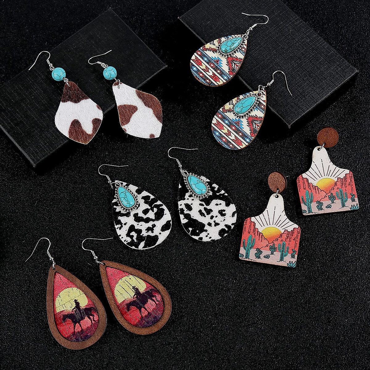 12 Pairs Western Earrings Set for Women Boho Cowgirl Vintage Turquoise Print Leather Wood Teardrop Dangle Bohemian Cowboy Earring Jewelry