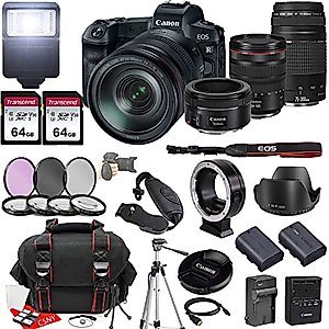 Canon EOS R Mirrorless Camera w/RF 24-105mm f/4 L is USM Lens + EF 75-300mm f/4-5.6 III Lens + EF 50mm f/1.8 STM Lens + 2X 64GB Memory + Hood + Case + Filters + Tripod + More (33pc Bundle)