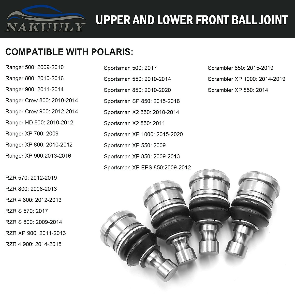 Nakuuly Upper and Lower Front Ball Joint 4 Pcs Compatible with Polaris RZR 570 800 900 All Models Ranger Sportsman Scrambler Replaces # 7061220 7061187 7081505 7081580