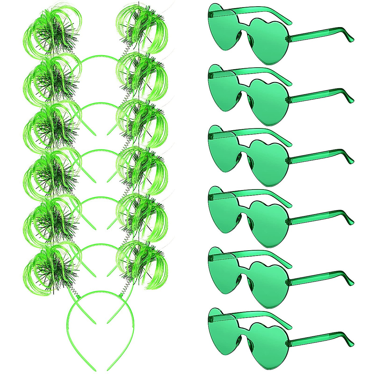 12 Pcs St. Patrick's Day Costume Set Green Headband Tinsel Wrapped Ponytails Headbands Rimless Transparent Heart Glasses Heart Shape Sunglasses for Girls Kids Women Men