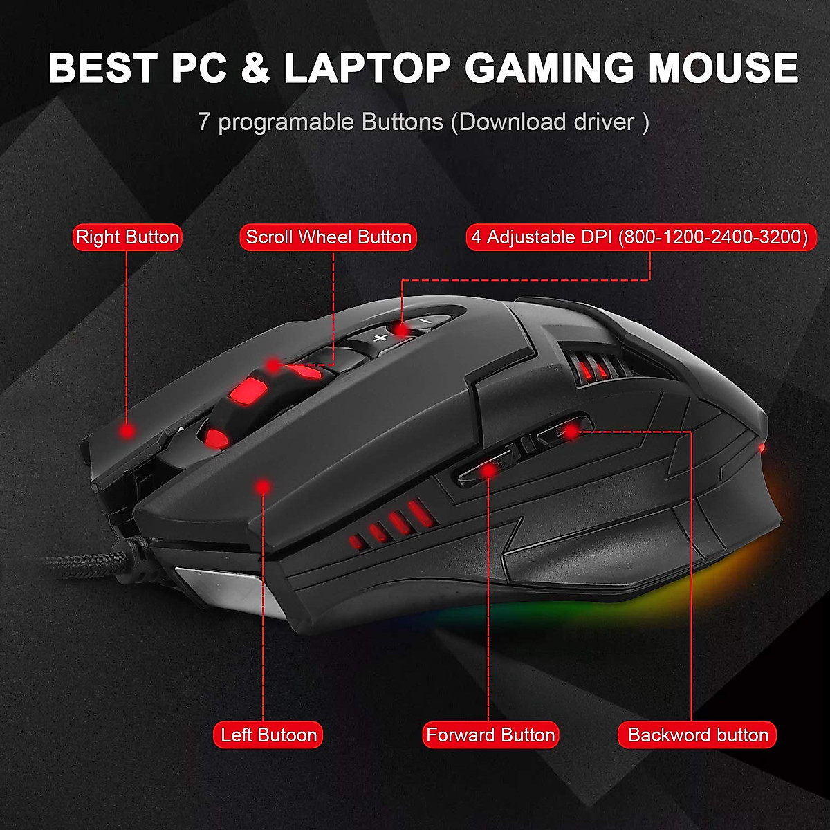 FENIFOX Wired Mouse Gaming Rainbow Backlit Ergonomic Mouse with Programmable Buttons Wired Illuminate Mice for PC Computer Windows PC Gamer PS4 Xbox one