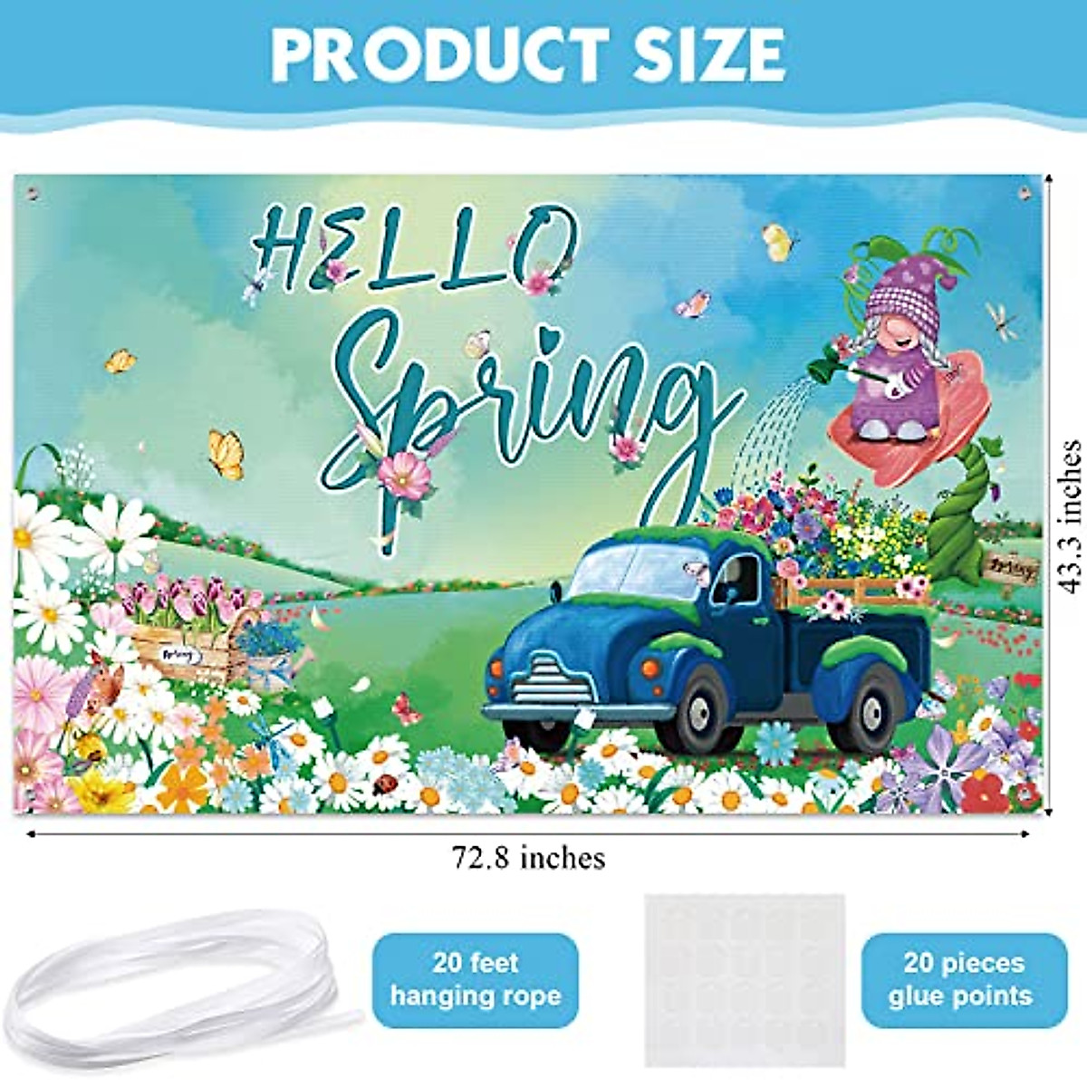 Hello Spring Decorations Spring Easter Photography Banner Gnome Blue Truck Daisy Backdrop Butterfly Flowers Background for Holiday Photo Prop Booth Indoor Outdoor, 43.3'' x 72.8''