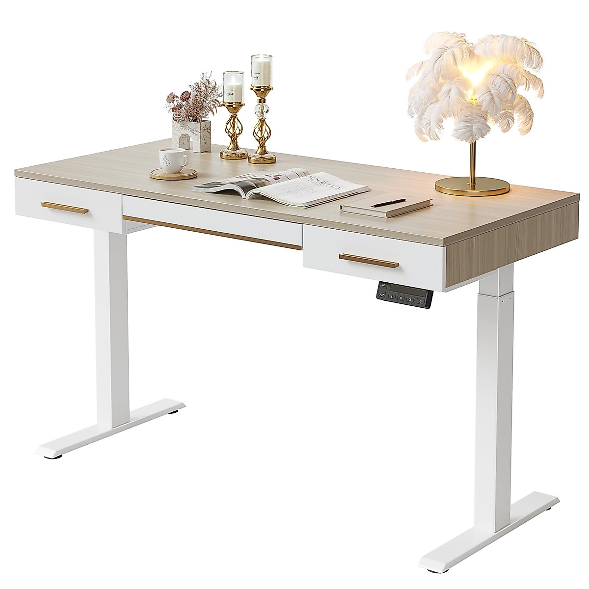 FEZIBO Mid Century Modern Standing Desk with 3 Drawers, 55 x 26 Inches Whole-Piece Sit Stand Up Desk for Home Office, White Top with White Frame (2 Packages)