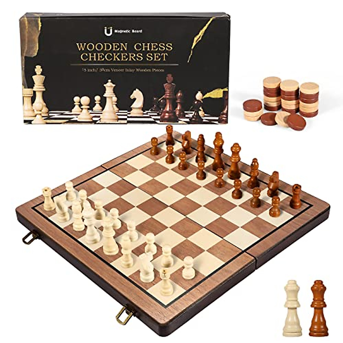 Anzid 15" x 15"Chess,Magnetic Suction Chess,2 Queen Chess Checkers 2-in-1 Chess Board Set,Portable Folding Chess,Magnetic Suction Piece & Storage Box,Beginner Chess Sets for Children and Adults