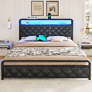 ADORNEVE Queen LED Bed Frame with Storage Headboard,Faux Leather Queen Size Platform Bed Frame with Power Outlets & USB Ports,Noise-Free,Black