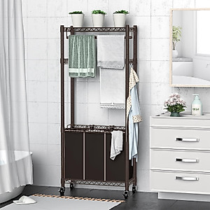 Hodonas Laundry Sorter 3 Section with Hanging Bar, Rolling Laundry Hamper Cart 3-Bag Laundry Basket Organizer Sorter with Hanging Rack Lockable Wheels and Removable Bags for Clothes Storage, Espresso