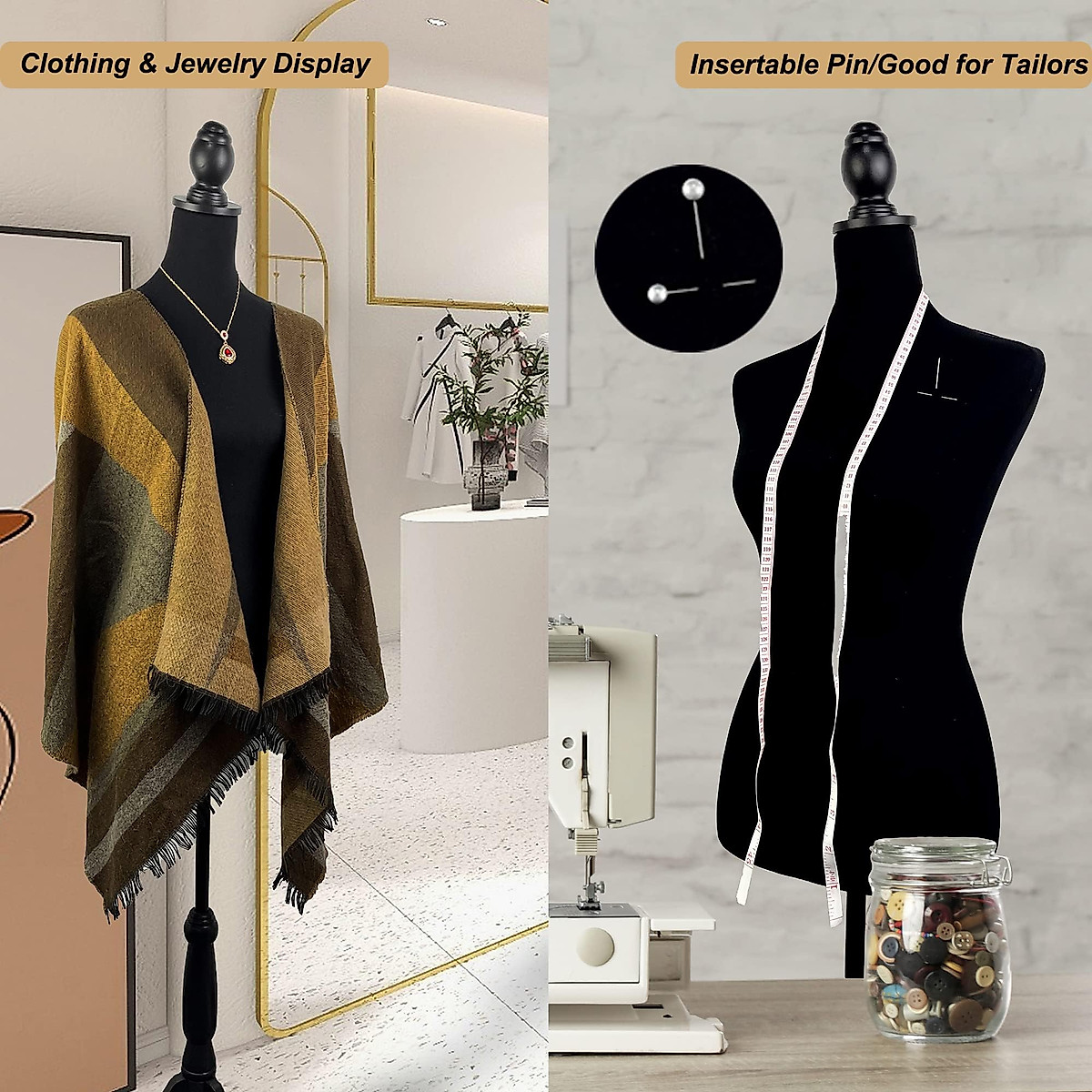 HAORUI Dress Form Mannequin Torso with Adjustable Tripod Stand, Pinnable Female Mannequin Body Manikin for Sewing, Dressmaker, Home Decor, Jewelry Display (Black)