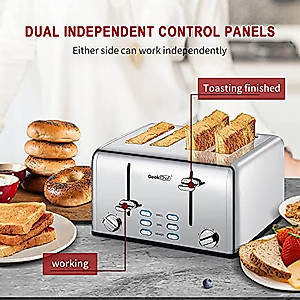 Geek Chef 4 Slice toaster, Best Rated Prime Retro Bagel Toaster with 6 Bread Shade Settings, 4 Extra Wide Slots, Defrost/Bagel/Cancel Function, Removable Crumb Tray, Stainless Steel Toaster (4 slice stainless steel （classic）)