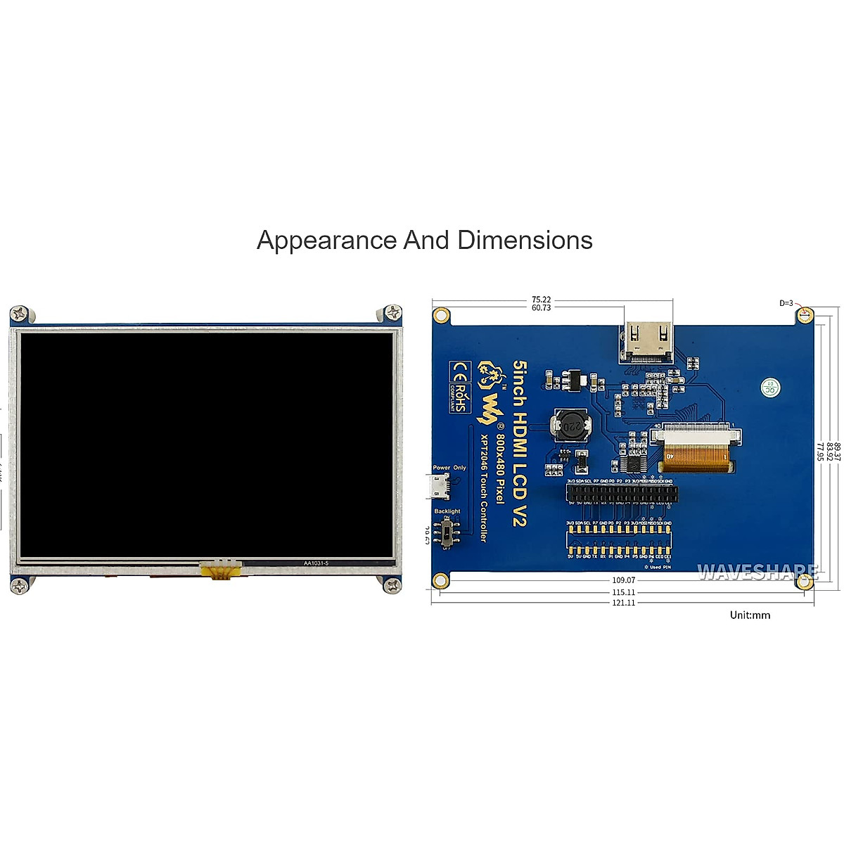 waveshare for Raspberry Pi 5 inch Resistive TFT Touch Screen 800x480 TFT LCD Display Touchscreen HDMI Module Kit Direct-Connect with Raspberry Pi 3 Model B B+, 2 Model B, 1 Model A A+