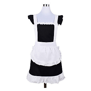 Love Potato Cute Sweet Retro Frilly Aprons for Girl Women's Kitchen Cooking Cleaning Maid Costume with Pocket (Black and White)