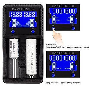 Universal Battery Charger EASTSHINE S2 LCD Display Speedy Smart Charger for Rechargeable Batteries Ni-MH Ni-Cd AA AAA Li-ion LiFePO4 IMR 10440 14500 16340 18650 RCR123 26650 18500 17670 & Car Adapter