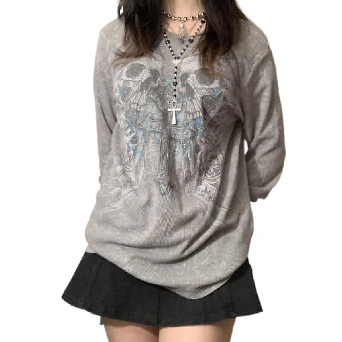 Y2K Long Sleeve Tops for Women Fairy Grunge Graphic Print Top Vintage Crop Top Tee(M-Grey,S)