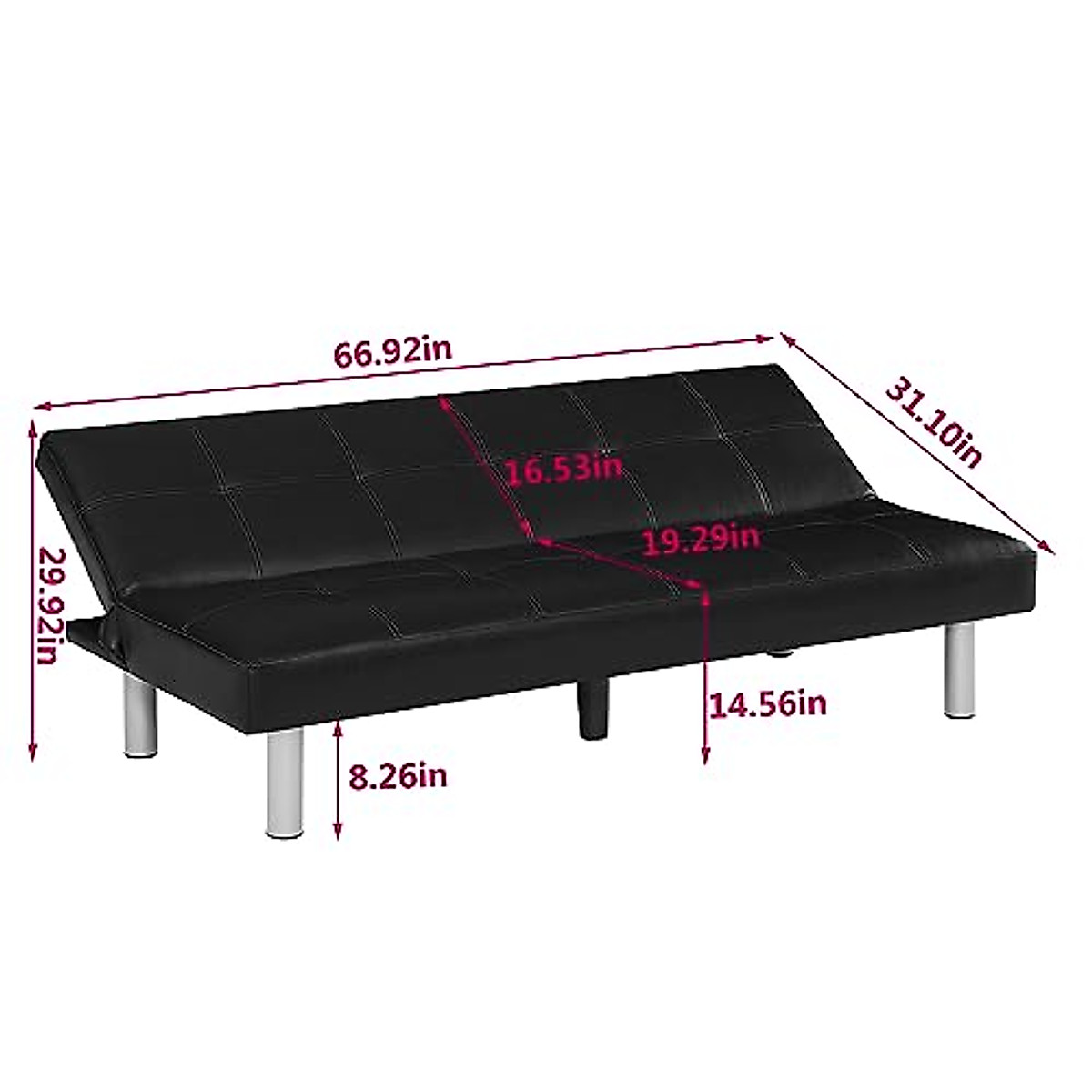 Eafurn Faux Leather Convertible Futon Sofa Adjustable Sleeper Couch Modern Home Recliner Reversible Loveseat Folding Daybed Guest Bed Small Sofabed with Metal Legs for Dorm, Apartment, Black 66.92"