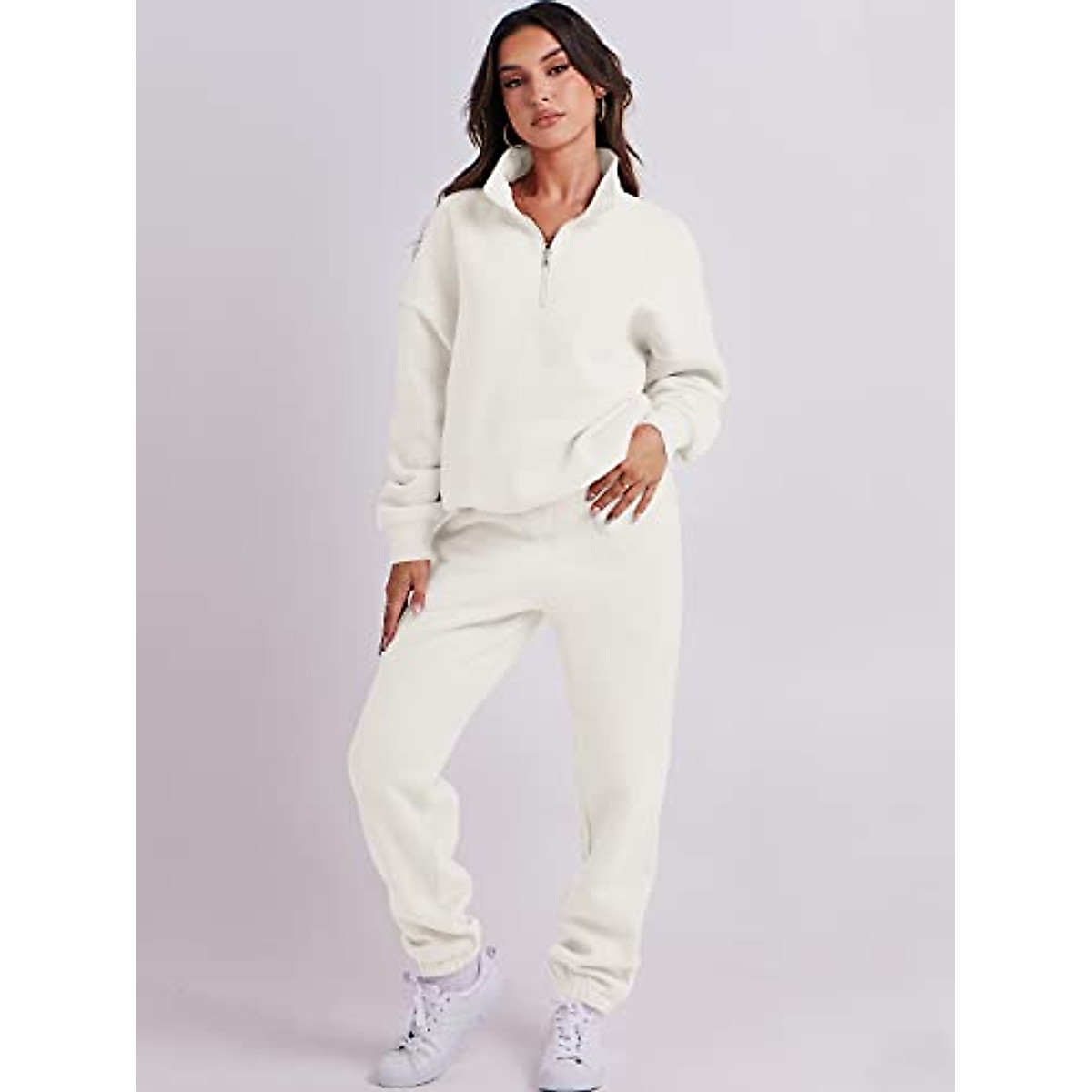 Prinbara Women's 2023 Fall Fashion Outfits 2 Piece Sweatsuit Solid Color Long Sleeve Pullover Long Pants Tracksuit 7PA76-baise-L