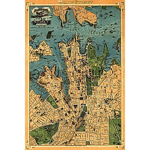 Antiguos Maps - Robinson's Aeroplane Map of Sydney Australia - Measures 24 in x 36 in (610 mm x 915 mm)