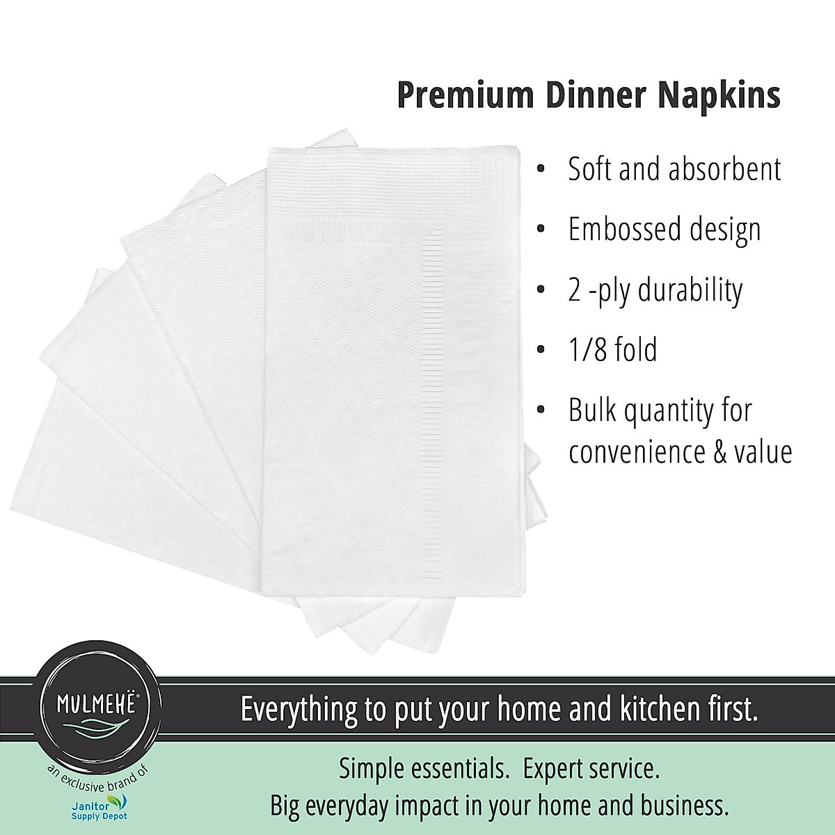MULMEHË Premium 2-Ply 1/8 Fold Dinner Napkin for Restaurants, Catering, Home, and Events, 15x16", White, 150 Pack
