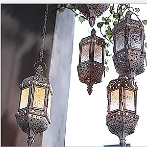 Hitommy Retro Glass Iron Moroccan Hanging Art Lantern Tea Pendant Light Holder Home Garden Decor - Brown