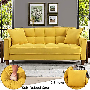 mikibama Linen Sofas Couchs for Living Room Grid Tufted Loveseat Sofa Padded 2 Seater Bedroom Couch Soft Comfy Sofa Bed for Small Space Apartment with Solid Wood Legs (Beige)