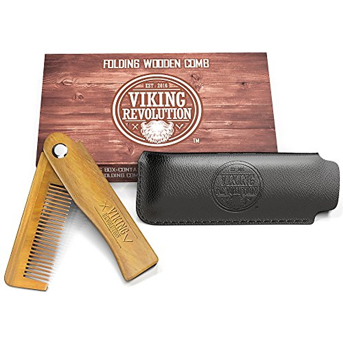 Folding Beard Comb w/Carrying Pouch for Men - All Natural Wooden Beard Comb w/Gift Box - Green Sandalwood Comb for Grooming & Combing Hair, Beards and Mustaches by Viking Revolution