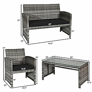 WYKDD 4PCS Patio Rattan Furniture Set Conversation Glass Table Top Sofa Cushioned Loveseat Single Chairs