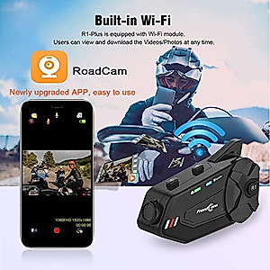 FreedConn Motorcycle Helmet Headset with Camera R1plus Bluetooth Intercom 1000M 6 Riders Waterproof Wireless FM Radio Communication Systems for Most Helmets