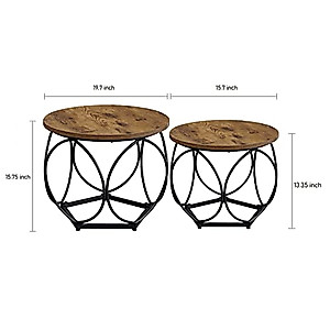 Round Coffee Table, Modern Coffee Table Set of 2 Wooden Surface with Metal Frame, Small Side Table, End Table for Living Room, Bedroom, Home Office, Farmhouse, Rustic Brown and Black