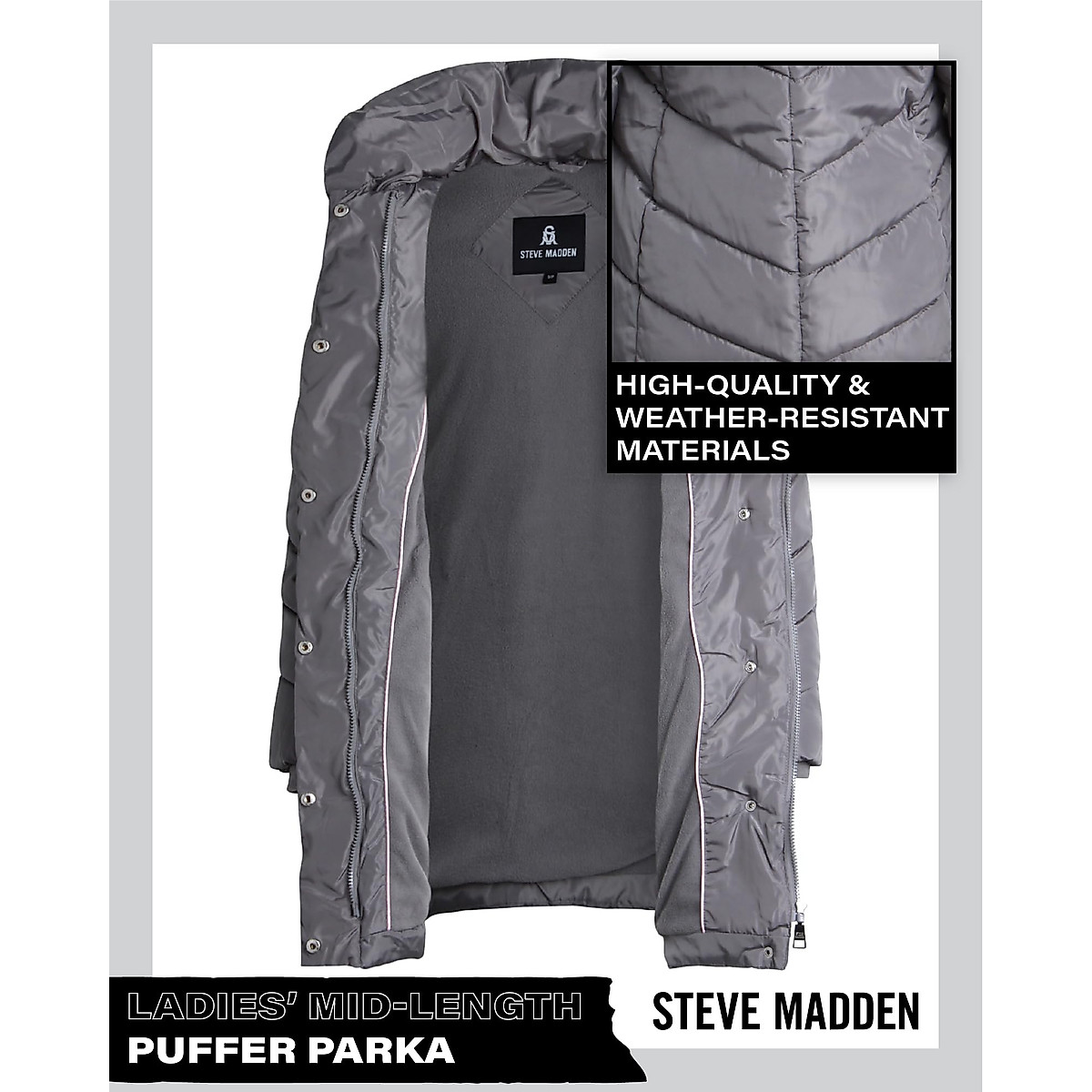 Steve Madden Women's Long Chervron Quilted Outerwear Jacket, Titanium, Large