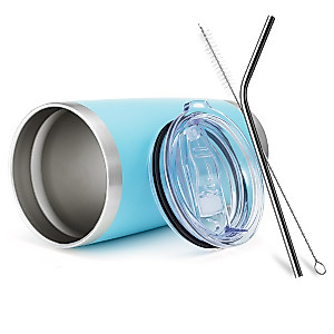 COMOOO 20oz Double Wall Vacuum Insulated Travel Mug, Stainless Steel Tumbler with Lid, Durable Powder Coated Insulated Coffee Cup for Cold & Hot Drinks, Light Blue