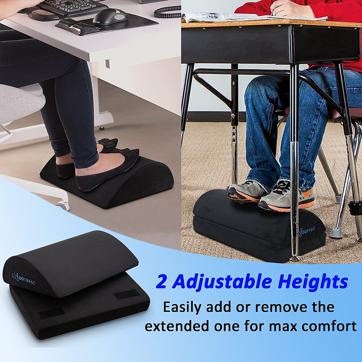Foot Rest for Under Desk at Work, Ergonomic Foot Stool with 2 Adjustable Heights for Office, Work, Car, Gaming, Computer, Soft Foot Cushion with Memory Foam, Washable Velvet Cover, Non Slip