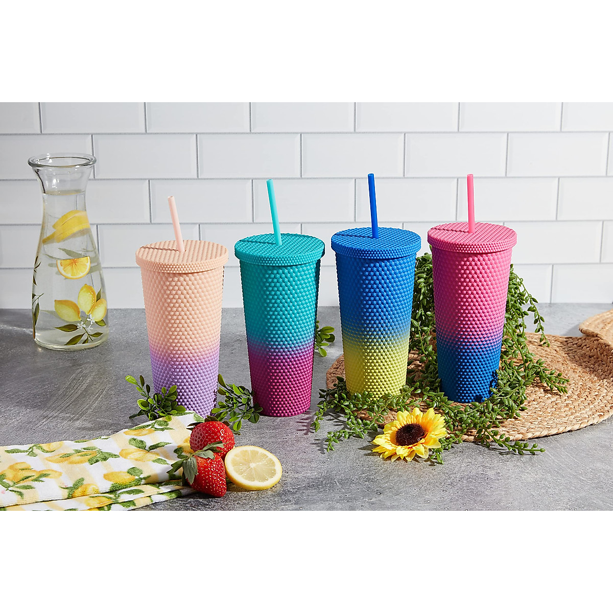 WEST & FIFTH 24 Ounce Two-Tone Matte Studded Tumbler with Lid & Straw, Reusable BPA Free Textured Water Bottle Drinking Cup (Blush & Fuchsia)