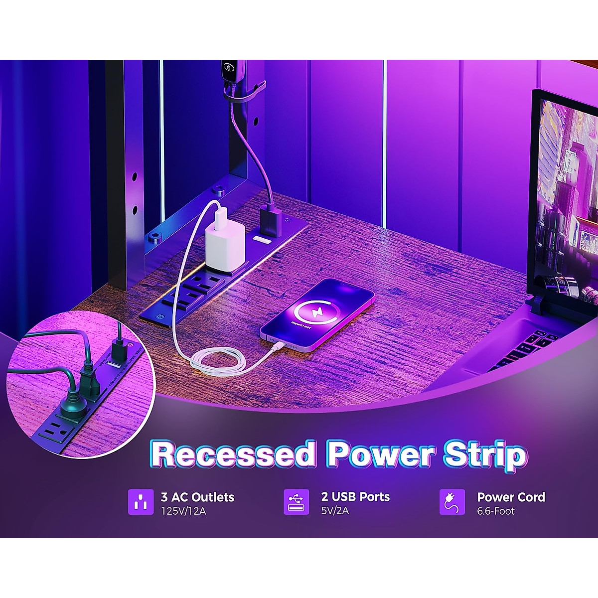 AODK L Shaped Desk Gaming Desk with LED Light & Power Outlet, 53 Inch Reversible L Shaped Computer Desk with Shelf, Corner Desk with Storage Bag&Hook for Home Office Desk, Vintage