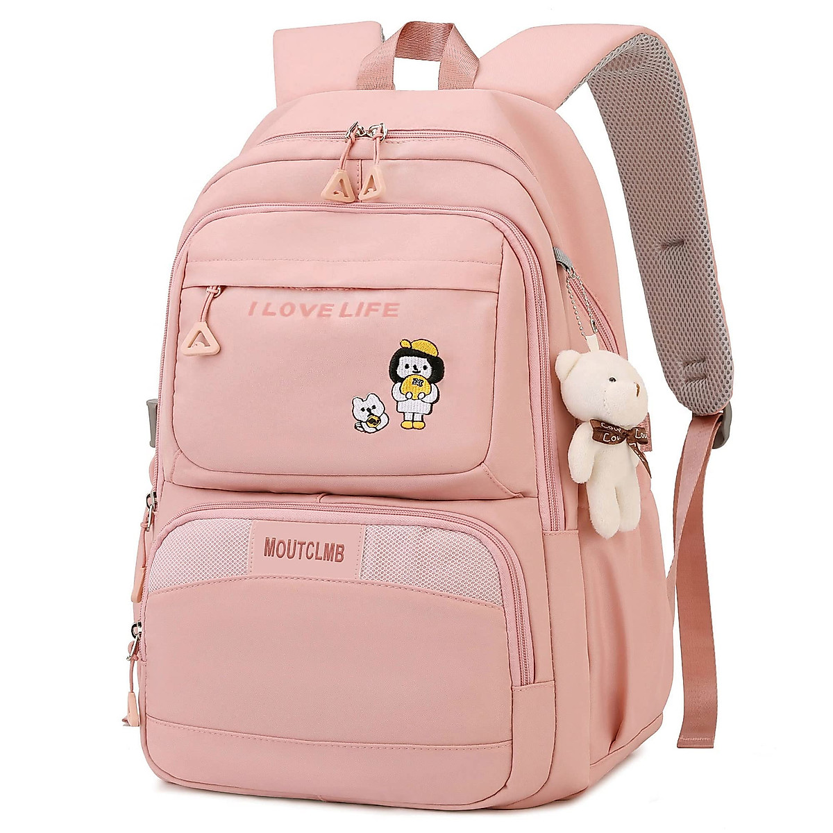 MOUTCLMB Kids backpack,Girls Backpack,Big-capacity School Backpacks 18.1*11.8*7.87in for Girls,School bags for Elementary Middle School High School,Send cute pendant（pink）
