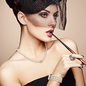 Glenmal Pearl Rhinestone Jewelry Set for Women Wedding Necklace Bracelet Earrings for Halloween Birthday Tea Party(Elegant Style)