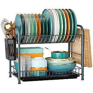 Naturous Dish Rack, 2 Tier Dish Drying Rack Kitchen Organizer with Drain Board, Utensil Holder, Cutting Board Holder, Gray