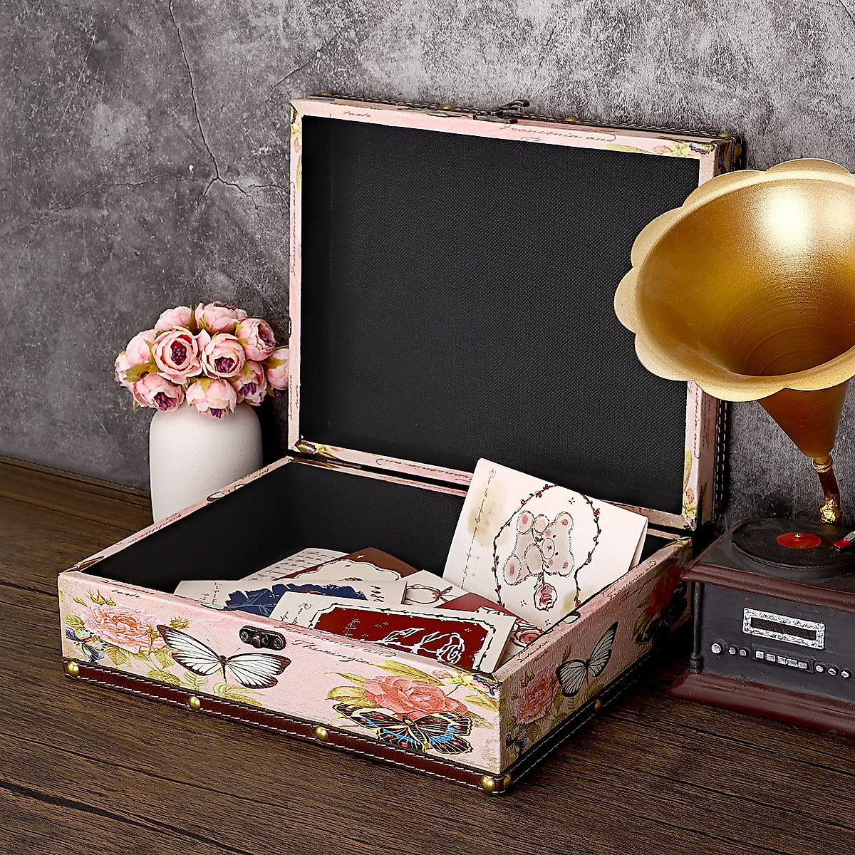 ELLDOO Butterfly Treasure Chest Box, Wooden + PU Leather Storage Decorative Box for Jewelry Trinkets Photos, Rectangular Keepsakes box for Girls Women Gifts