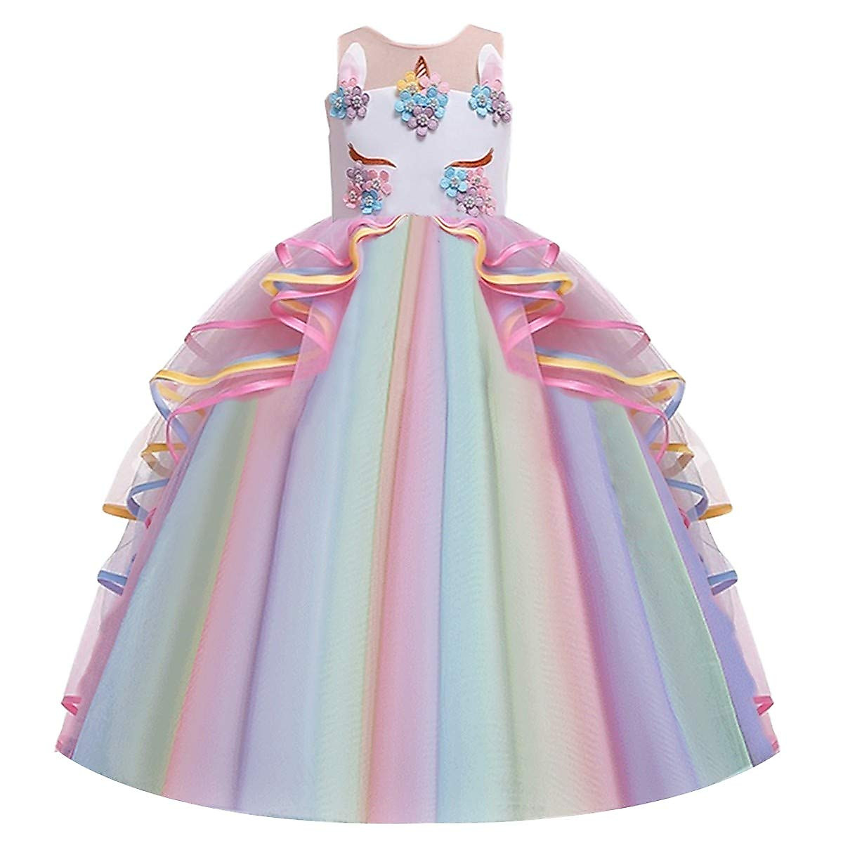 WOCINL Girls Princess Dress Unicorn Outfits Sleeveless Rainbow Party Birthday Wedding Christmas Halloween Carnival Costume Multicolored 4-5T