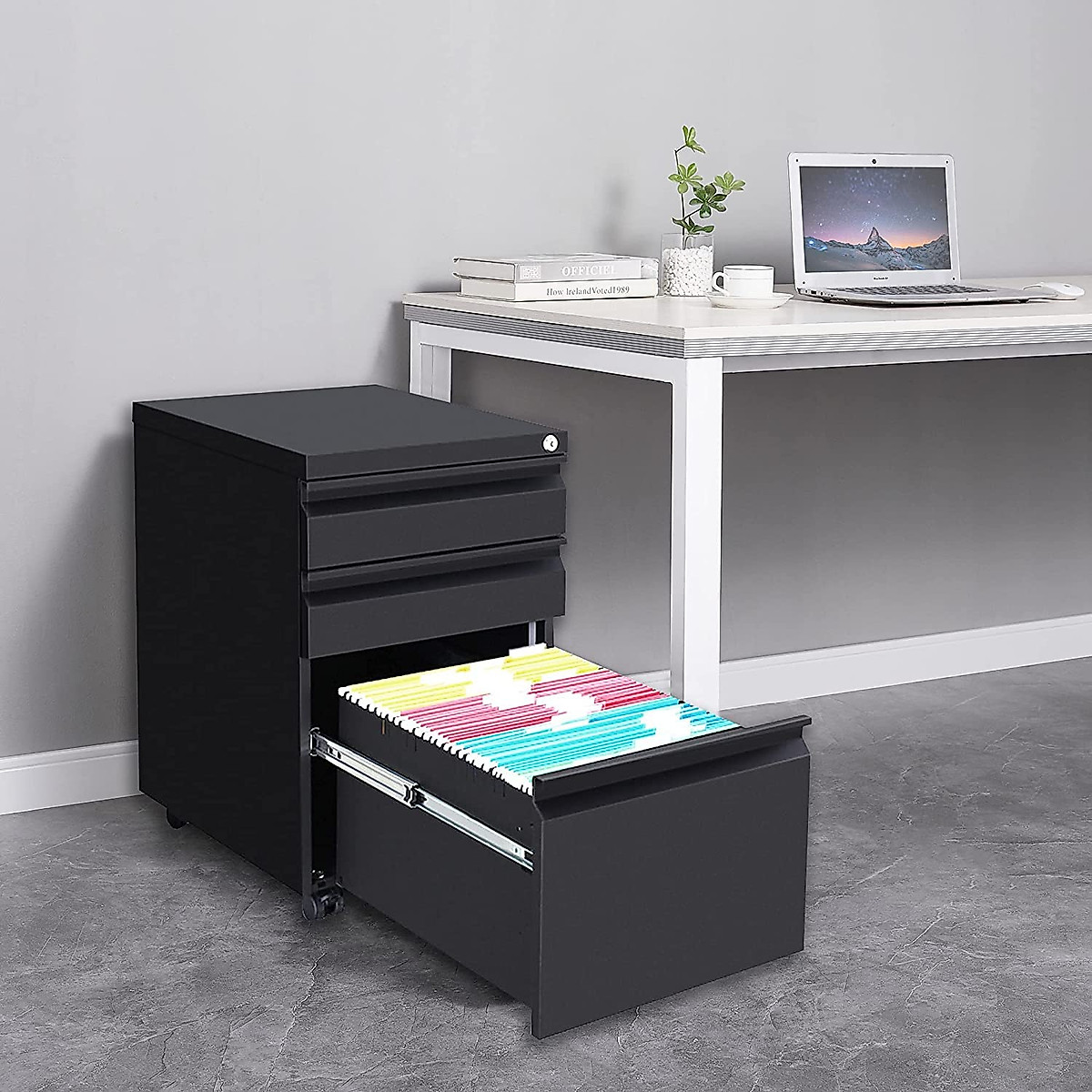 3 Drawer Locking File Cabinet, Under Desk Metal Filing Cabinet for Legal/Letter/A4 File, Fully Assembled Include Wheels, Home/Office Design (Black)