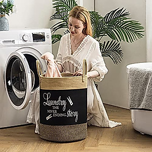 YOUDENOVA Woven Rope Laundry Basket, Tall Dirty Clothes Hamper for Blanket Storage in Bedroom, Bathroom,Living Room - Brown, 58L