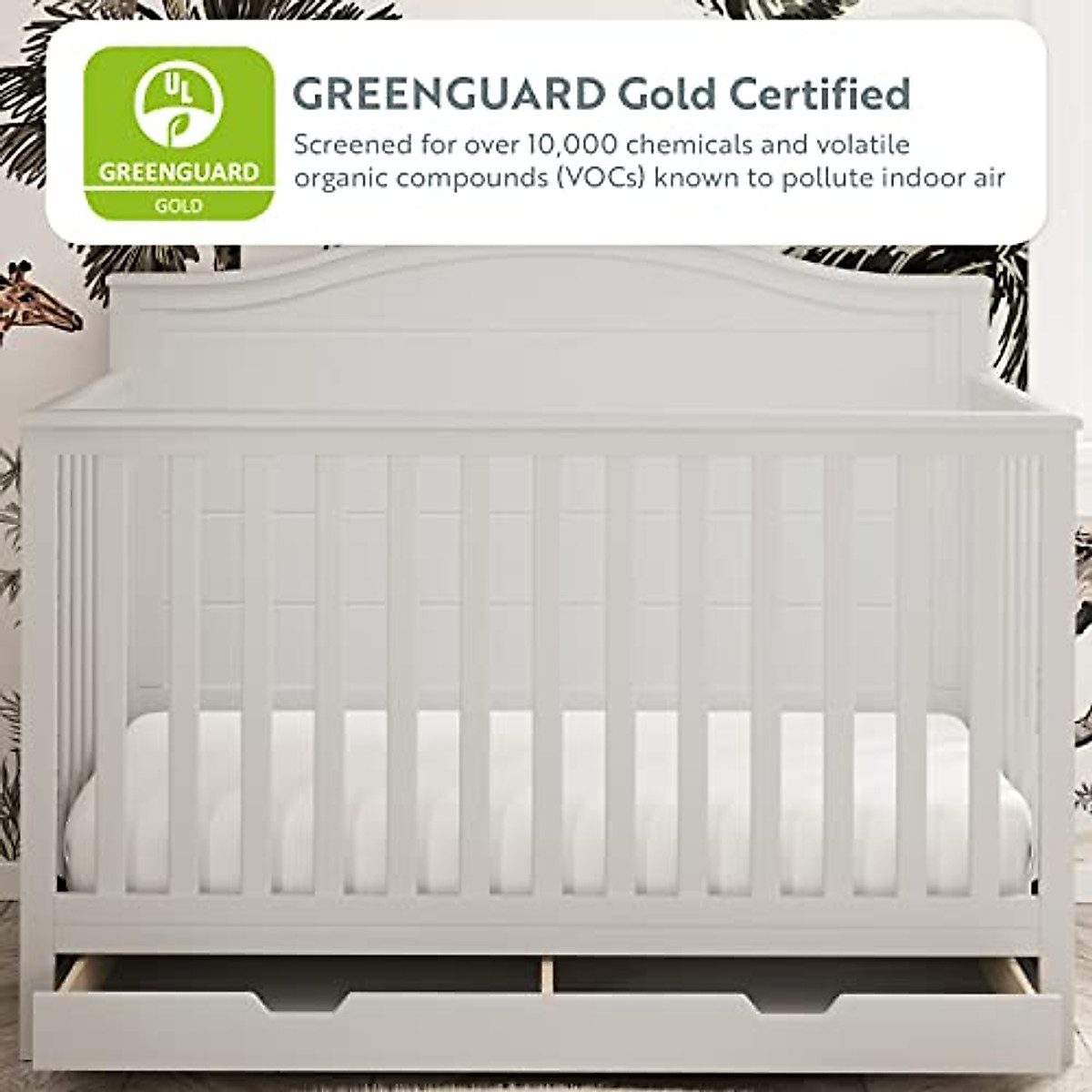 Storkcraft Moss 5-in-1 Convertible Crib with Drawer (White) – GREENGUARD Gold Certified, Crib with Drawer Combo, Includes Full-Size Nursery Storage Drawer, Converts to Toddler Bed and Full-Size Bed