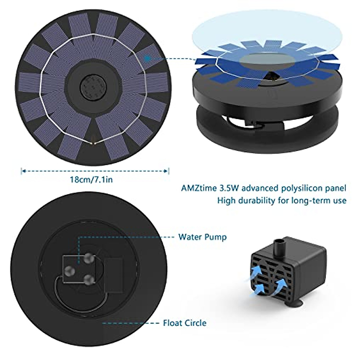 AMZtime Solar Fountain Pump 3.5W Solar Water Fountain Pump with 6 Nozzles, Solar Powered Pump for Bird Bath, Fish Tank, Pond, Garden, Outdoor and Aquarium