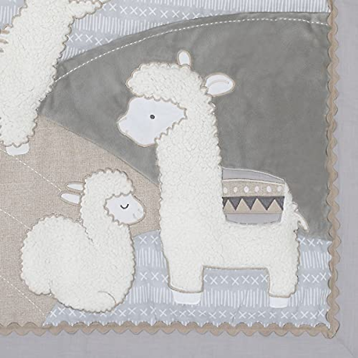 NoJo Mama's Little Llama Grey, White and Charcoal 4 Piece Nursery Crib Bedding Set - Comforter, Crib Sheet, Dust Ruffle and Nursery Organizer