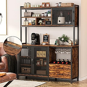 Cyclysio 7-Tier Wine Cabinet with Large Storage Space, Tall Home Bar Cabinet with Power Station & LED Light, Farmhouse Liquor Cabinet with Storage Drawers, Hutch, Wine Rack, Farmhouse